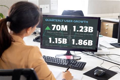 Over Shoulder View Of Asian Businesswoman Using Computer With User Growth Figures On Screen