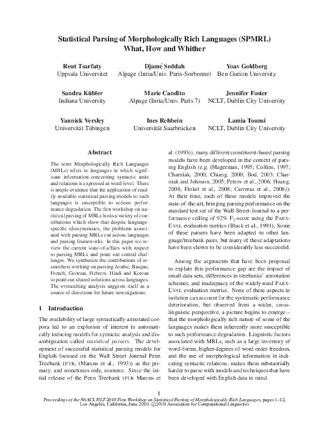 Pdf Statistical Parsing For Morphologically Rich Language Spmrl