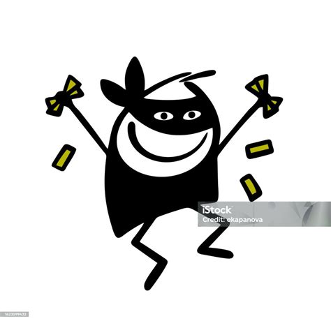 검은 가면을 쓴 만족한 도둑이 은행 돈을 훔치고 즐겁게 춤을 추고 뛰어내리고 지폐를 던지고 있다 범죄 성공을 축하하는 행운의