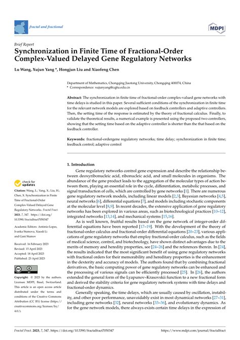 Pdf Synchronization In Finite Time Of Fractional Order Complex Valued Delayed Gene Regulatory