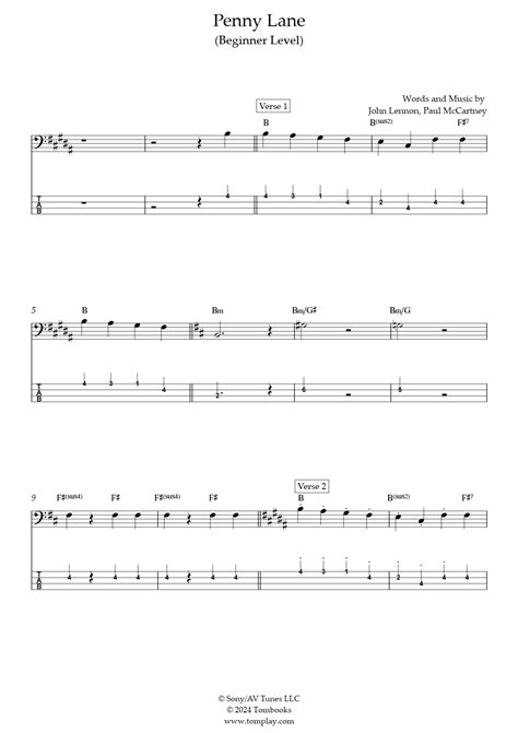 Penny Lane Beginner Level The Beatles Bass Tabs
