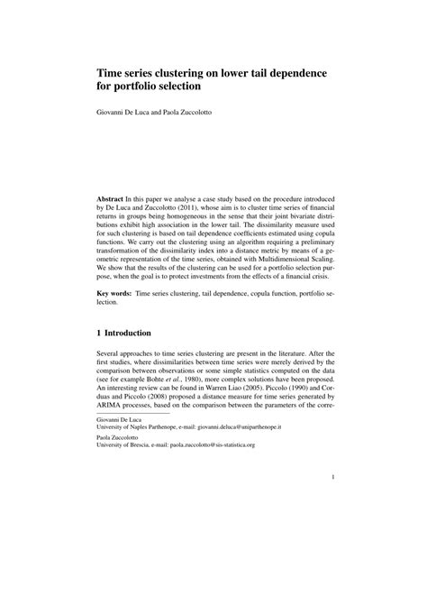 Pdf Time Series Clustering On Lower Tail Dependence For Portfolio Selection