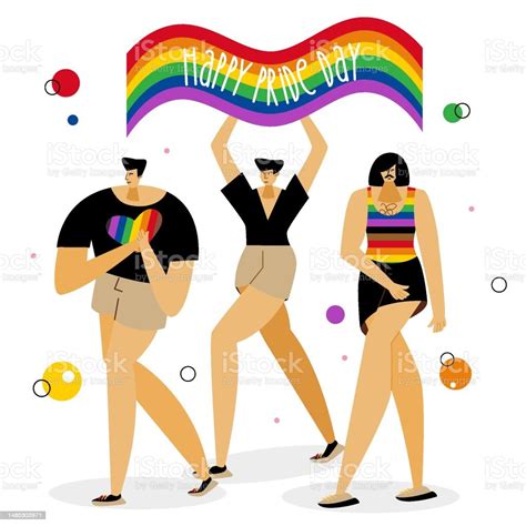 Lgbtq 남성 축하 프라이드의 날 Lgbt 퍼레이드 트랜스젠더 또는 동성애자 그룹 남성은 Happy Pride Day라는 문구와 함께 무지개 깃발을 가지고 있습니다