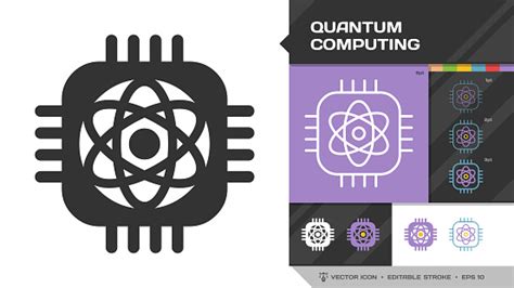 양자 컴퓨팅 블랙 문양 실루엣과 색상 편집 가능한 선 얇은 개요 단일 아이콘 미래 정보 컴퓨터 프로세서 칩 기호 양자에 대한