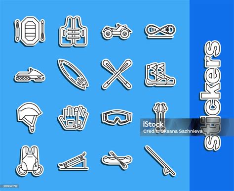 세트 라인 서핑 보드 스키 폴 부츠 모든 지형 차량 또는 Atv 오토바이 설상차 래프팅 보트 및 교차 패들 아이콘 벡터 강에 대한 스톡 벡터 아트 및 기타 이미지 Istock