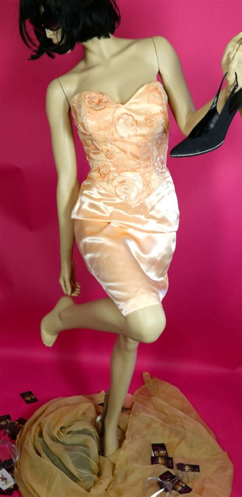 Peach Sleeveless Silk Satin Dress With Embroidery And Pearls Etsy
