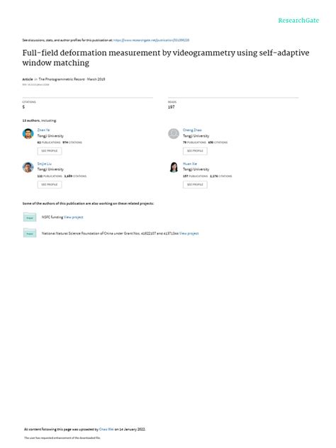 Full Field Deformation Measurement By Videogrammetry Using Self Adaptive Window Matching Pdf