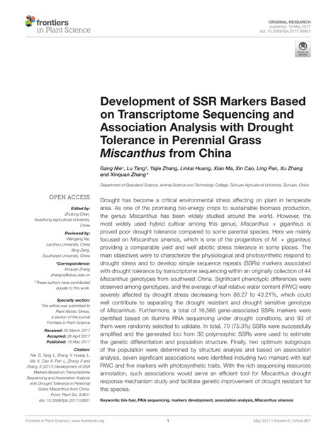 Pdf Development Of Ssr Markers Based On Transcriptome Sequencing And Association Analysis With
