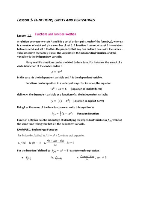 Math 1e Lesson 1 Gxhdhdhdgdgs Lesson 1 Functions Limits And Derivatives Lesson 1 A