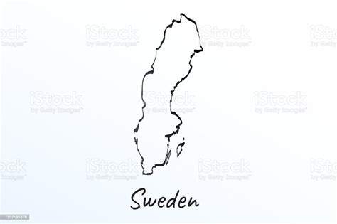 스웨덴의 손 그리기지도 검정 선 그리기 스케치입니다 흰색 배경에 윤곽 낙서 국가의 필기 스크립트 이름입니다 벡터 일러스트레이션 검은색에 대한 스톡 벡터 아트 및 기타 이미지