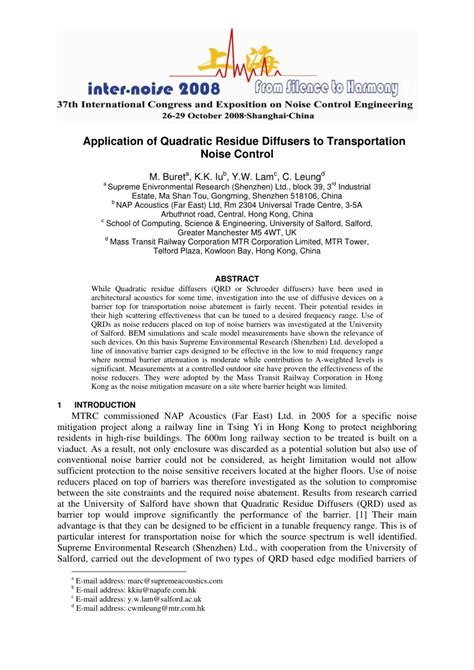 Pdf Application Of Quadratic Residue Diffusers To Transportation Noise Control