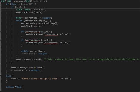 why is my binary search tree overloaded move assignment operator not deleting correctly based on
