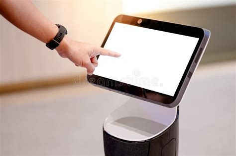 hand touching on interactive screen of navigation android robot stock