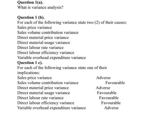 Solved Question 1 A What Is Variance Analysis Question 1