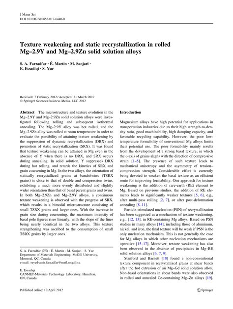 Pdf Texture Weakening And Static Recrystallization In Rolled Mg 29y And Mg 29zn Solid
