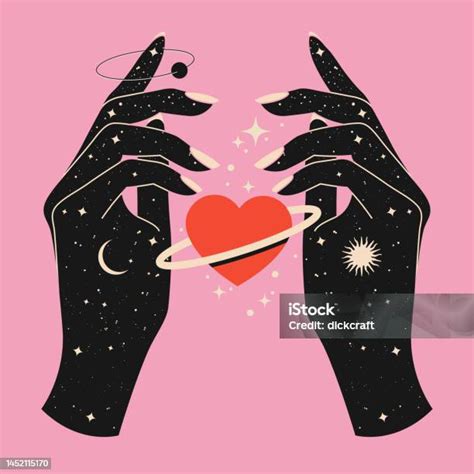신비로운 천상의 여자는 별이 빛나는 공간 질감과 사랑이나 희망의 은유로 그들 사이에 붉은 심장을 가지고 손을 잡습니다 포스터