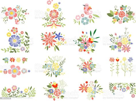 화려한 꽃의 평면 벡터 집합입니다 봄 꽃을 피 다채로운 식물입니다 식물 테마 봄에 대한 스톡 벡터 아트 및 기타 이미지 봄 0명 귀여운 Istock