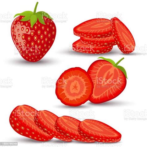 딸기 세트 전체 슬라이스 흰색 배경에 고립 된 딸기의 절반 벡터 아이콘입니다 3차원 형태에 대한 스톡 벡터 아트 및 기타 이미지 3차원 형태 개체 그룹 건강한 생활