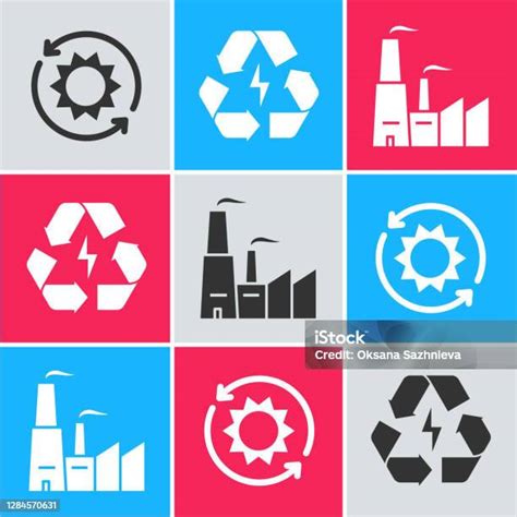 태양 에너지 패널 재활용 기호 와 공장 아이콘 배터리 설정합니다 벡터 개념에 대한 스톡 벡터 아트 및 기타 이미지 개념 건설 산업 건축하기 Istock