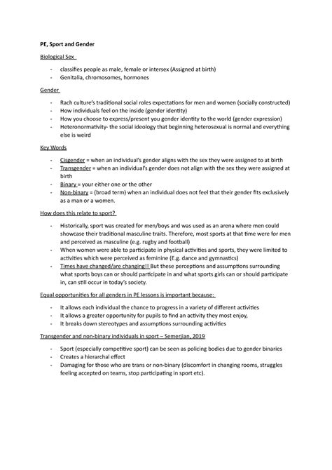 PE Sport And Gender PE Sport And Gender Biological Sex Classifies People As Male Female Or