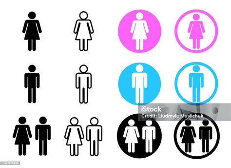 아이콘 화장실 세트입니다 화장실 표지판 검은 색 원에 남성과 여성의 욕실 기호 흰색 배경에 격리된 평평한 스타일의 남자와 여자의 검은색 추상 기호 벡터 그림입니다 0명에