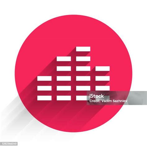 화이트 뮤직 이퀄라이저 아이콘은 긴 그림자로 격리되었습니다 음파 오디오 디지털 이퀄라이저 기술 콘솔 패널 펄스 뮤지컬 빨간색 원 버튼입니다 벡터 일러스트레이션 개념에 대한