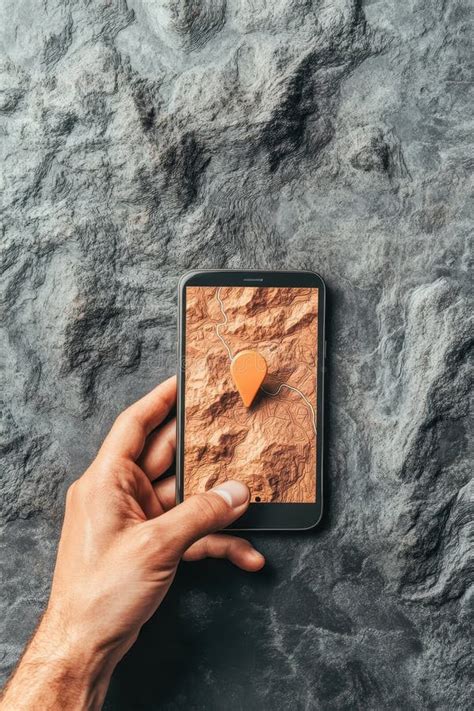 Hand Holding Device Displaying Terrain Map With Location Pin On Rock Surface Cybersecurity