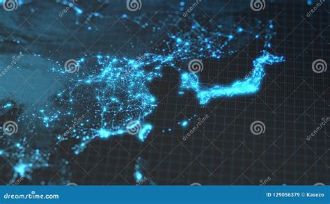 Glowing City And Human Population Density Areas With Linear Connections