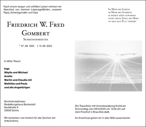 Traueranzeigen Von Friedrich W Fred Gombert Vrm Trauerde