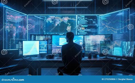 A Man Sitting At A Desk In Front Of Multiple Computer Screens Ai Generative Image Stock