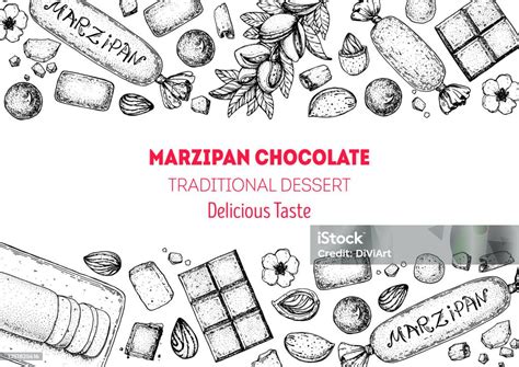 마지판 요리와 마지판 스케치 일러스트를 위한 재료 아몬드 너트와 아몬드 제품 벡터 그림입니다 크리스마스 달콤한 음식 프레임 디자인 요소 손으로 그린 패키지 디자인 설탕에