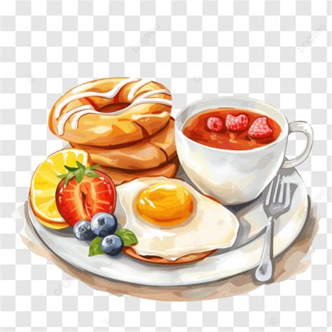 달걀 베이컨과 신선한 과일이 포함된 아침 식사 접시의 맛있는 아침 생생한 그림 아침 식사 그림 계란과 베이컨 예술 과일 접시 그림 Png 일러스트 및 이미지 에 대한
