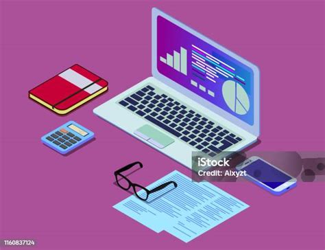 사무실 워크 스테이션의 벡터 등각 투영 개념 그림입니다 데스크톱 컴퓨터 안경 전화 다이어그램 키보드 금융 주식 인포 그래픽 Eps 3차원 형태에 대한 스톡 벡터 아트 및