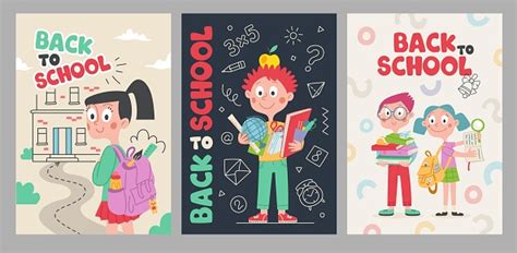 학교 포스터 표지 세트로 돌아 가기 교과서 공책 배낭 지구 학교와 귀여운 어린이 그림 텍스트 비문 벡터 만화 아이에 대한 스톡 벡터 아트 및 기타 이미지 Istock