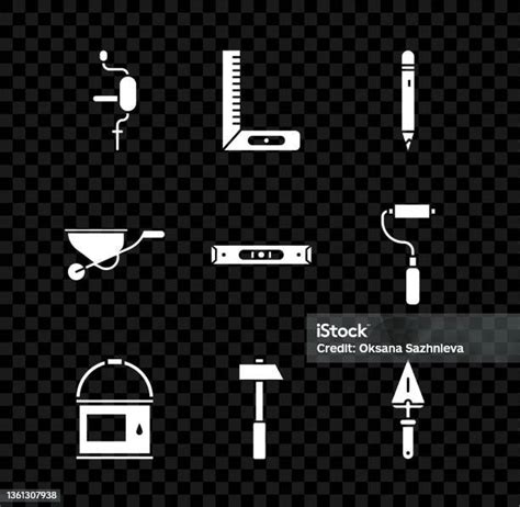 세트 핸드 드릴 코너 눈금자 지우개 연필 페인트 버킷 해머 트로렐 수레 및 건설 버블 레벨 아이콘 벡터 각도에 대한 스톡 벡터 아트 및 기타 이미지 Istock
