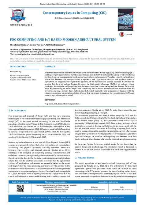 Pdf Fog Computing And Iot Based Modern Agricultural System