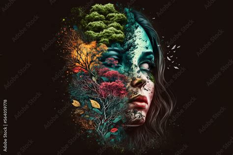 Mother Nature Concept Seamlessly Merged With Beautiful Face Portrait Of A Young Woman Ai