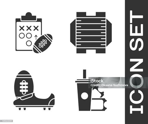 미식축구 티켓과 종이 유리 소다를 빨대로 마시고 계획 전략 개념 스파이크가 있는 축구 또는 축구화 미식축구장 아이콘을 설정합니다 벡터 경기장에 대한 스톡 벡터 아트 및 기타