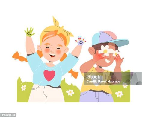 색칠된 손과 초원 꽃으로 긍정적인 분위기를 공유하는 행복한 아이 들 벡터 일러스트 레이 션 감정에 대한 스톡 벡터 아트 및 기타 이미지 감정 감탄 관대함 Istock