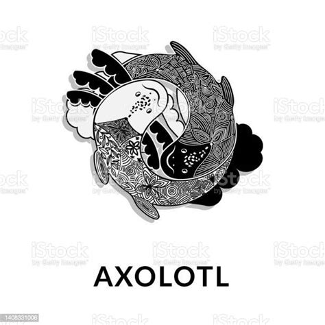 귀여운 Axolotl Ambystoma Mexicanum 단색의 벡터 아이콘 음과 양 흰색과 검은 색 Axolotl 파충류 등에 판타지 패턴 세련된 선형 스타일의 로고 검은