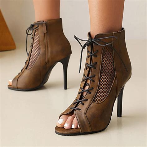Eqwljwe Womens Peep Toe Mesh Stiletto High Heels Ankle Boots Lace Up