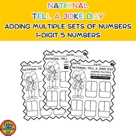 National Tell A Joke Day Math Worksheets Adding Five 1 Digit Numbers