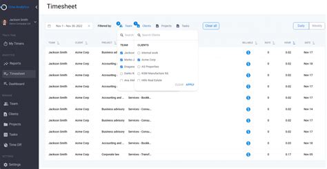 Timesheet Filtering Time Analytics