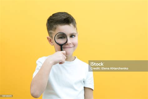 캐주얼 한 옷을 입은 긍정적 인 호기심 많은 여학생이 노란색 배경에 돋보기를 통해 카메라를 봅니다 과학에 대한 스톡 사진 및 기타 이미지 Istock