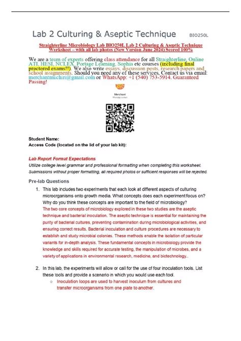 Straighterline Microbiology Lab BIO250L Lab 2 Culturing Aseptic Technique Worksheet With All