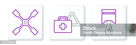 세트 라인 엔진 피스톤 휠 렌치 및 응급 처치 키트 및 경고 삼각형 아이콘 벡터 1위에 대한 스톡 벡터 아트 및 기타 이미지