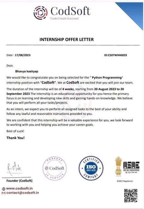 Internship Offerletter Codsoft Bhavya Kashyap