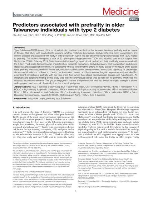 Pdf Predictors Associated With Prefrailty In Older Taiwanese Individuals With Type 2 Diabetes