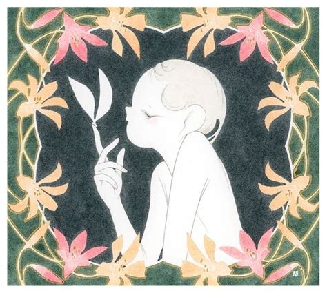 A Drawing Of A Woman Holding A Flower In Front Of Her Face And Looking At It