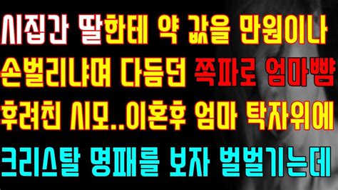 반전 실화사연 시집간 딸한테 약 값을 만원이나 손벌리냐며 다듬던 쪽파로 엄마뺨 후려친 시모 이혼후 엄마 탁자위에 크리스탈 명패를 보자 벌벌기는데신청사연사연낭독라디오